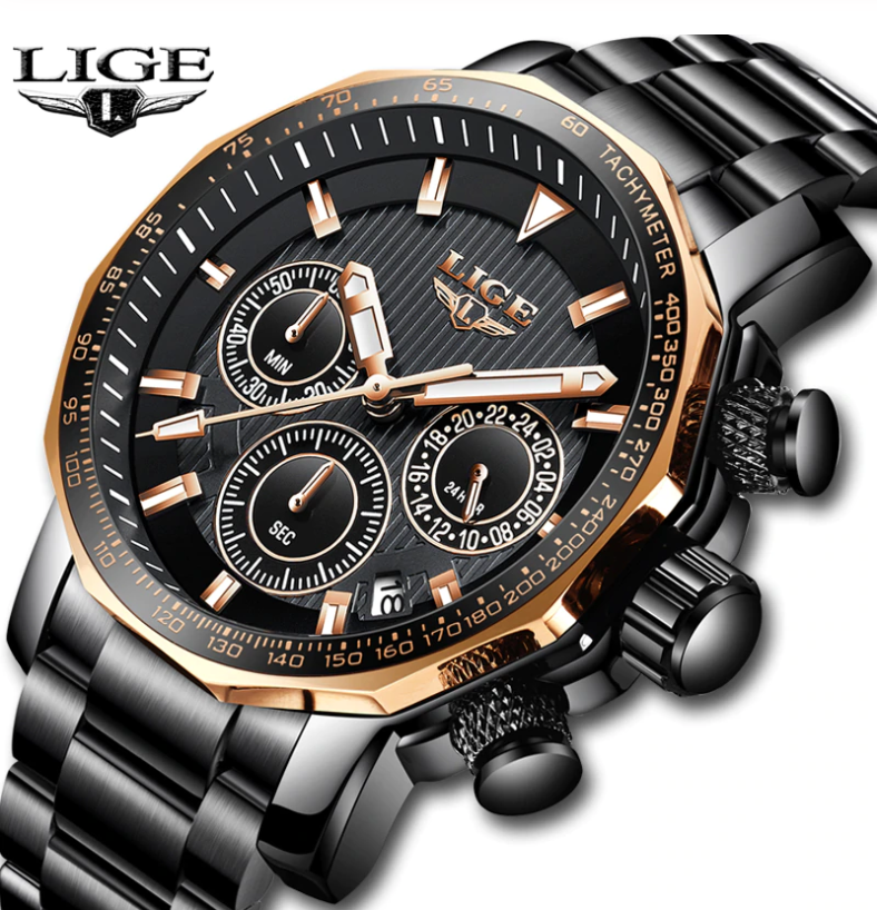 LIGE Men Business & Luxury Quartz Chronograph Watch Lige 9913 Black ...
