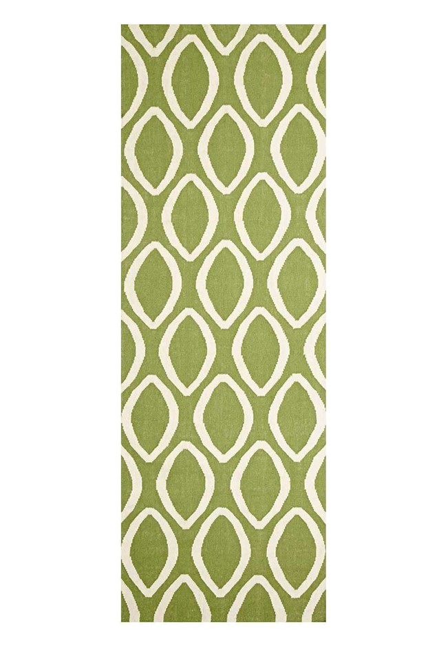 Buy Medium Green Handmade Wool Geo Flatwoven Runner Rug - 300X80cm ...