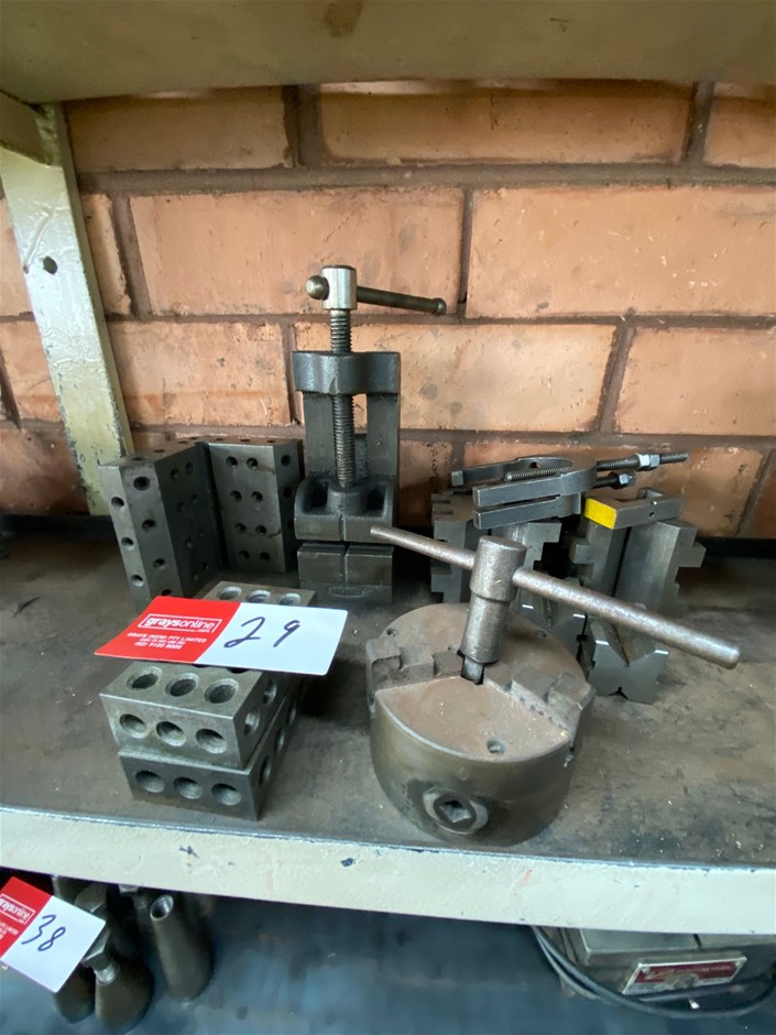 Assorted V blocks, angle plates, work positioners and chuck Auction ...