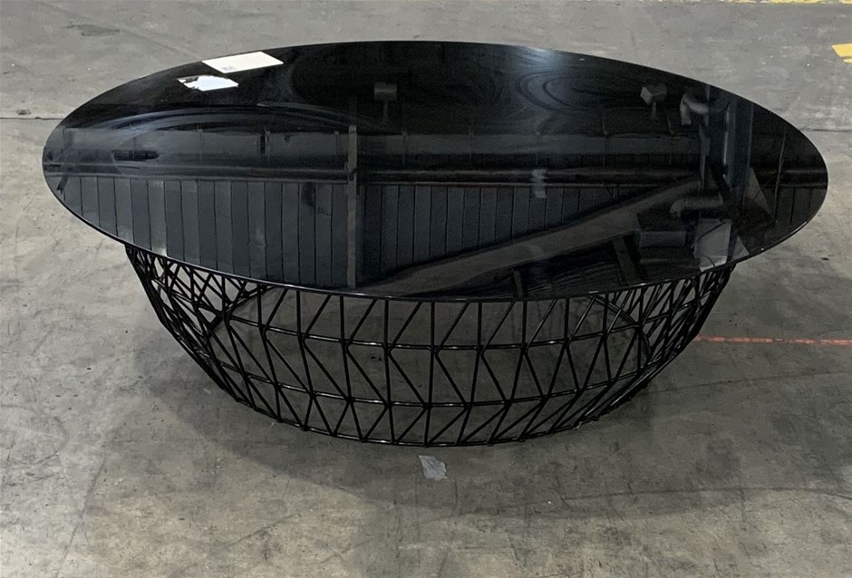 Round Smoke Glass Coffee Table With Wire Design Black Base Auction ...