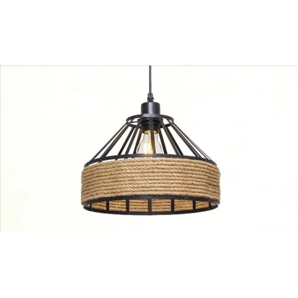 3 x Black Metal Frame 1 Light Pendant With Wrapped Rope Highlight ...