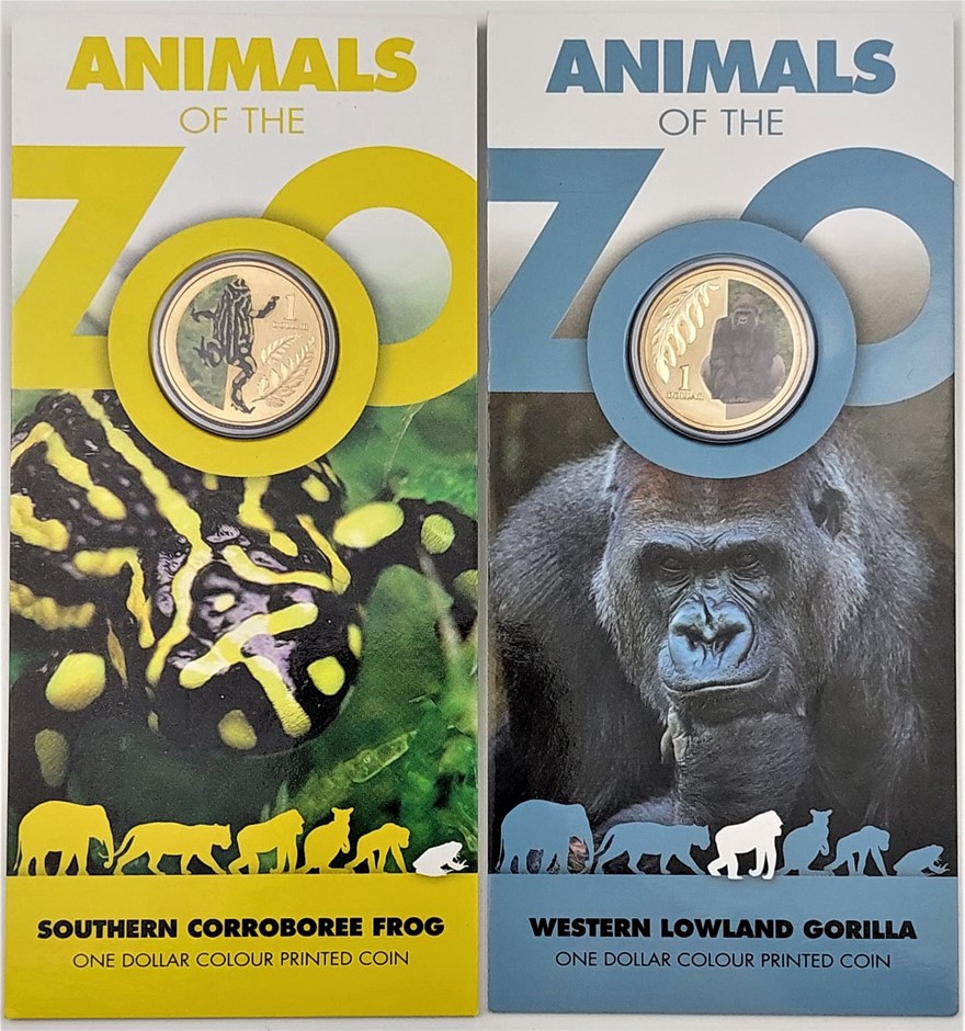 2012 Animals of the Zoo Frog, Gorilla $1 Coloured Uncirculated Carded ...
