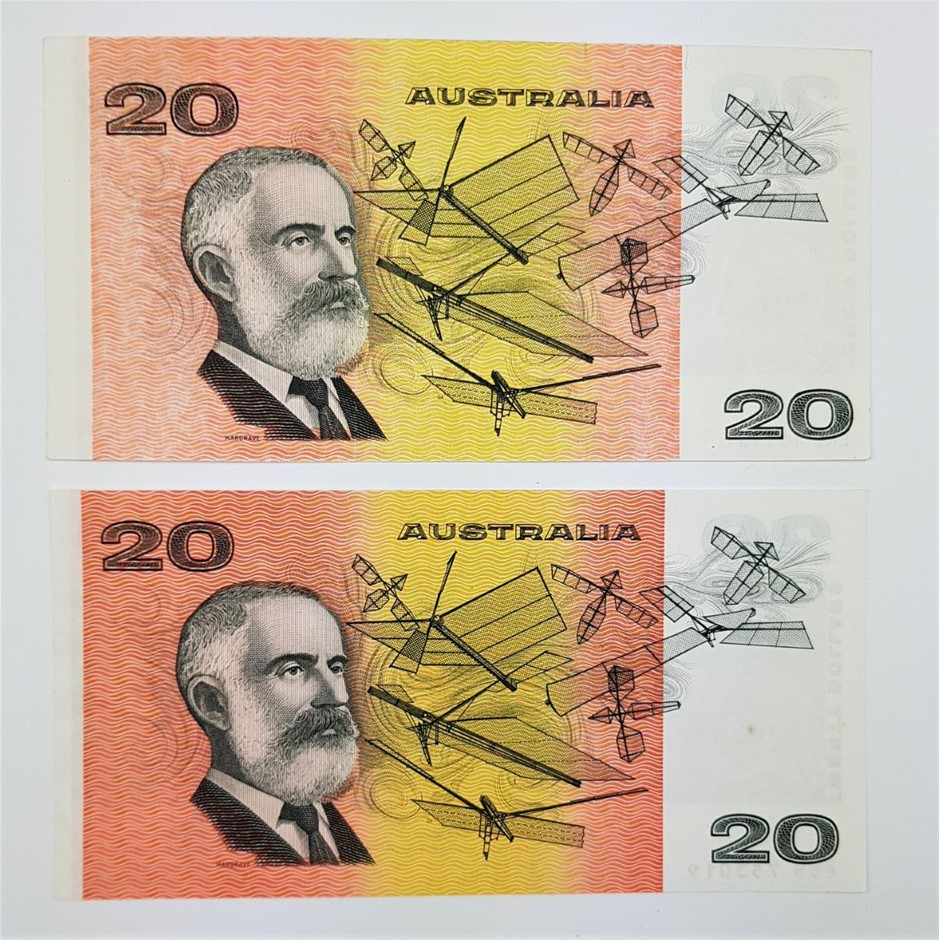 Australia $20 Johnston Fraser Paper Banknotes x 2 - OCR-B & Gothic ...