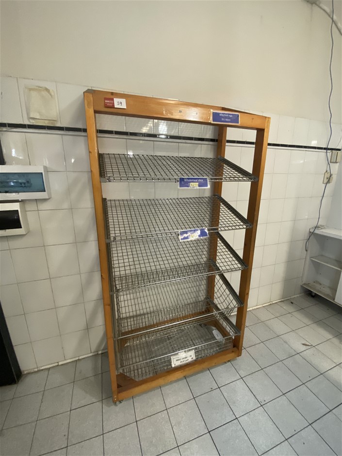 4 assorted timber inclined bread racks 2 modified to sit on benc ...