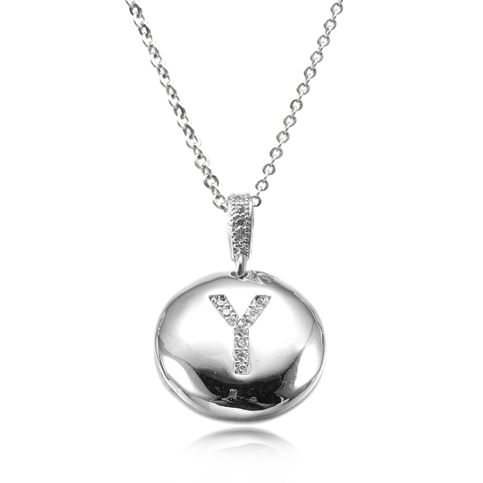 Letter 'Y' Charm Platinum Plated Pendant Necklace with Cubic Zirconia ...