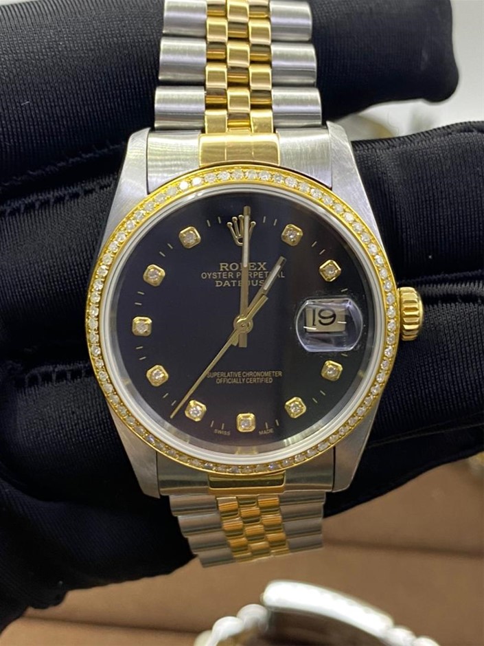 DATE JUST 36 16233 BLACK DIAL CUSTOM DIAMOND BEZEL Auction (0028 ...