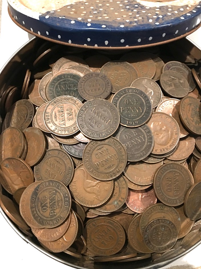 Old Tin with around 500 pennies mixed coins and dates unchecked Auction ...