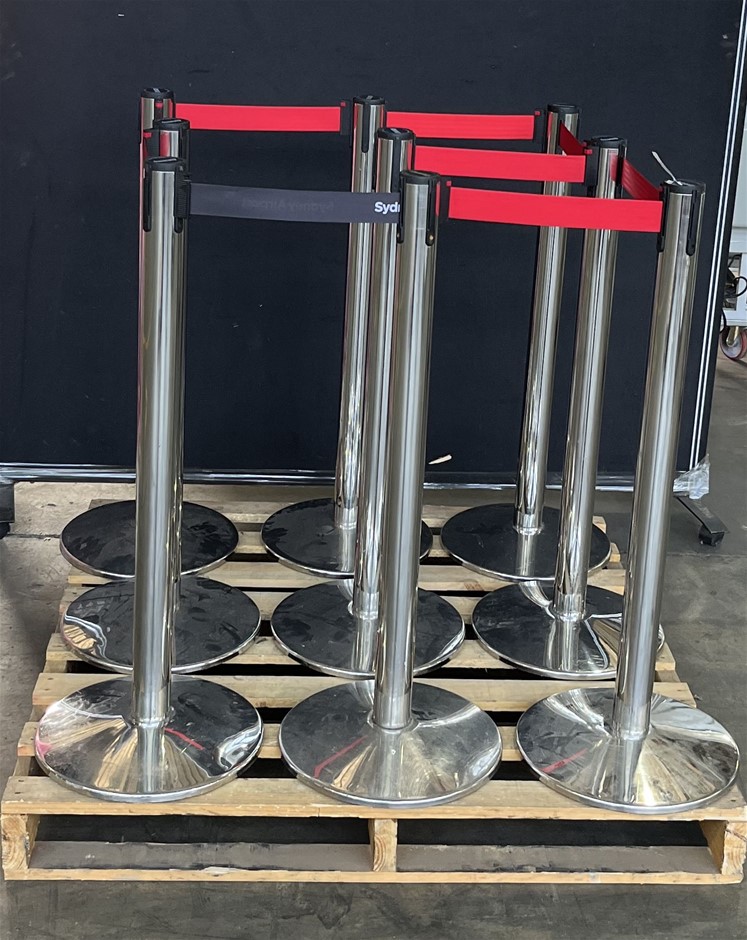 Qty 9 x Queue Retractable Barrier Stainless Steel Post With Red Belt ...