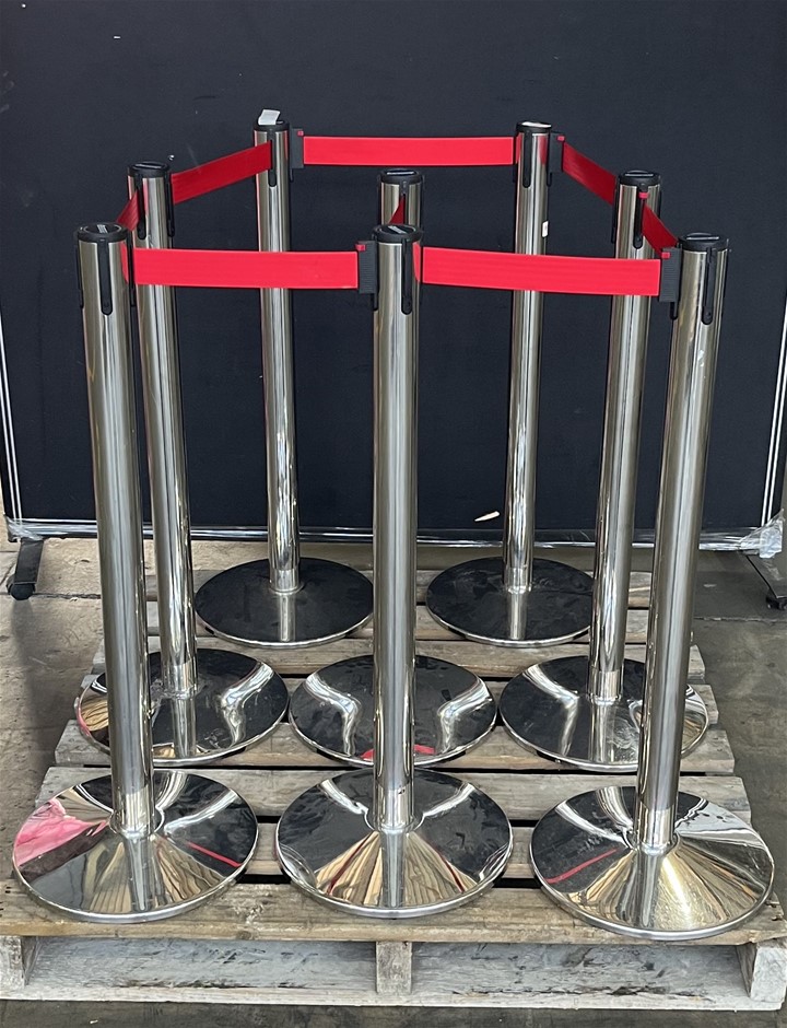 Qty 8 x Queue Retractable Barrier Stainless Steel Post With Red Belt ...