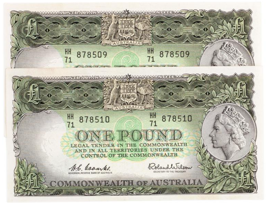 Consecutive Pair Of 1961 'HH/71' One Pound Australian Banknotes Auction ...
