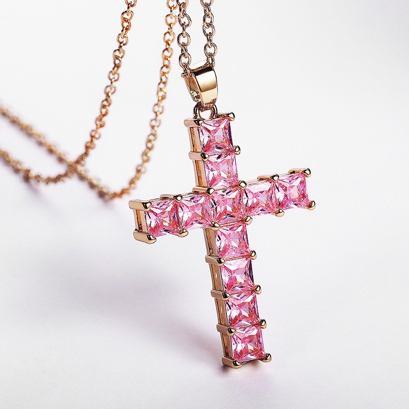 Elegant 18K Yellow Gold plated Pink Diamond & Cross Pendant Necklace ...