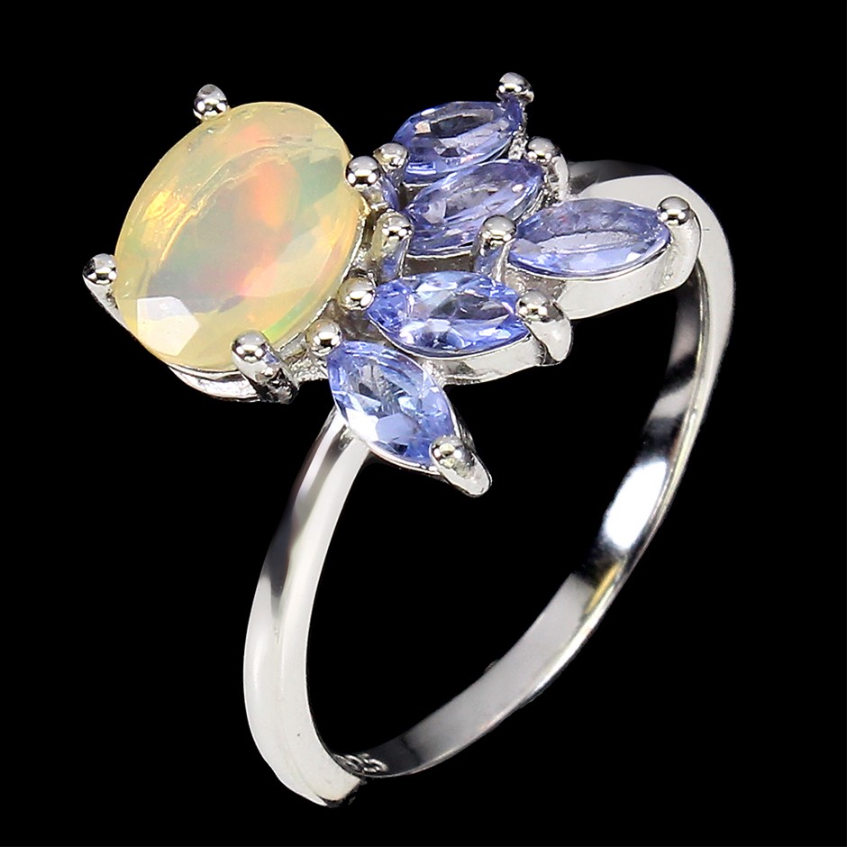Oval Fire Opal Rainbow & Tanzanite 925 Sterling Silver Ring - Size 8 ...