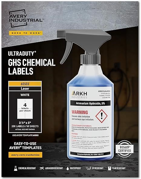 AVERY Ultra Duty GHS Chemical Labels, 3.5" x 5", 200 Pack, White. 60503 ...