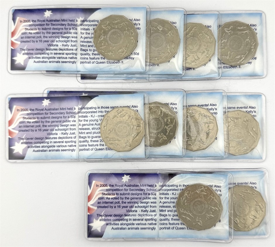 COLLECTION OF 2005 STUDENT DESIGN AUSTRALIAN 50C COINS IN DISPLAY ...