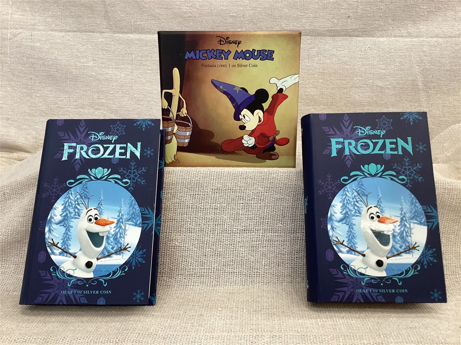 Two Frozen Olaf And One Mickey Mouse Silver Collectable Coins Auction ...