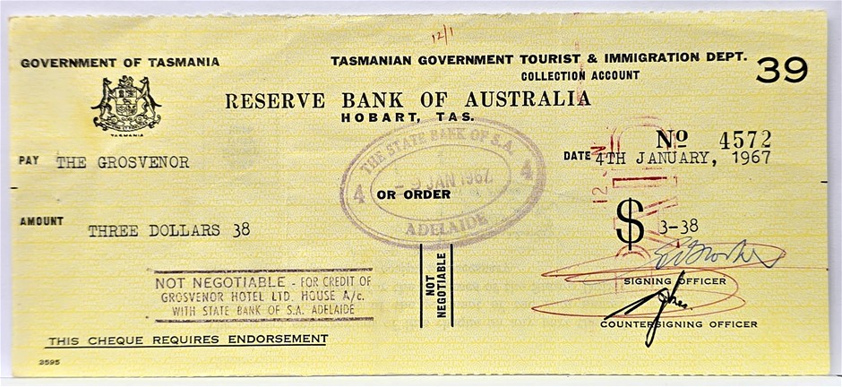 RESERVE BANK AUSTRALIA - HOBART CHEQUE Auction (0009-2559748) | Grays ...