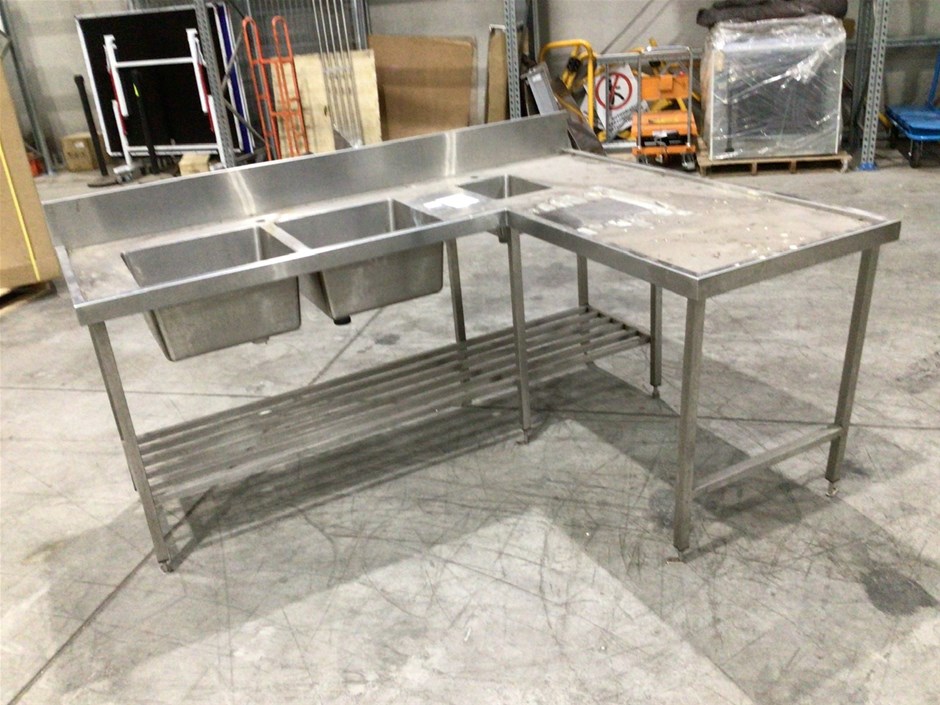 L-Shaped Stainless Steel Corner Bench with Sinks Auction (0021-3029455 ...