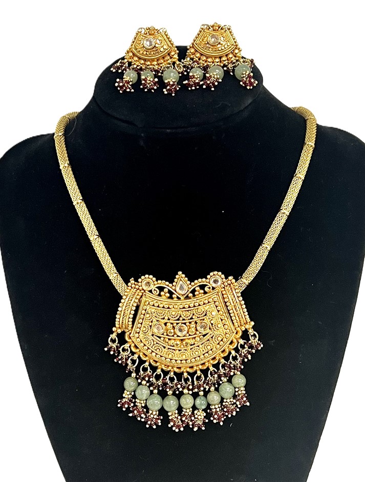 Indian Style Ruby, Jade & Cubic Zirconia Gold Plated Necklace & Earring ...