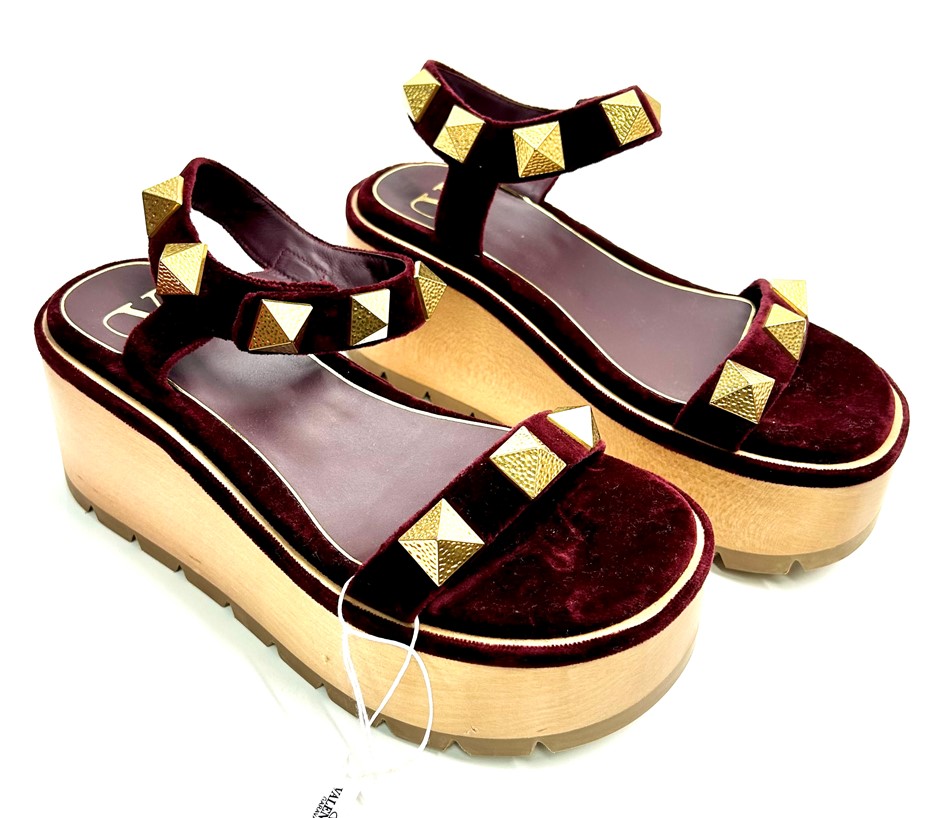 Valentino Garavani Burgundy Velvet Roman Stud Platform Sandals, size 36 ...