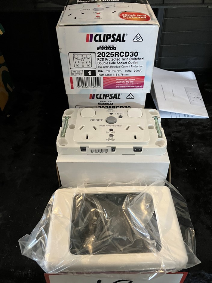 2 x Clipsal RCD Protected Twin Switched Double Pole Socket Outlets ...