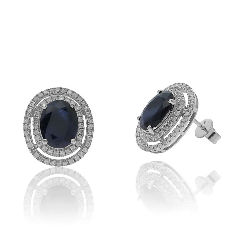 One pair oval shaped Diamond and Sapphire 9ct white gold stud earrings ...