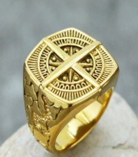 18K Triple Yellow Gold Plate Mens Ring Viking Nautical Cross Compass ...
