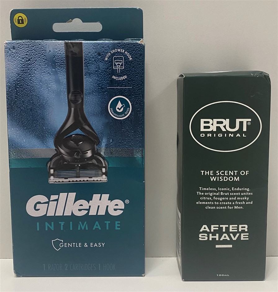 BRUT ORIGINAL After Shave 100ml & GILLETTE INTIMATE Razor & Shower Hook ...