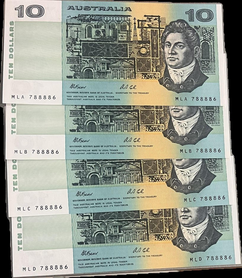 1991 Australia $10 Fraser Cole Same number rare number prefix 4 ...