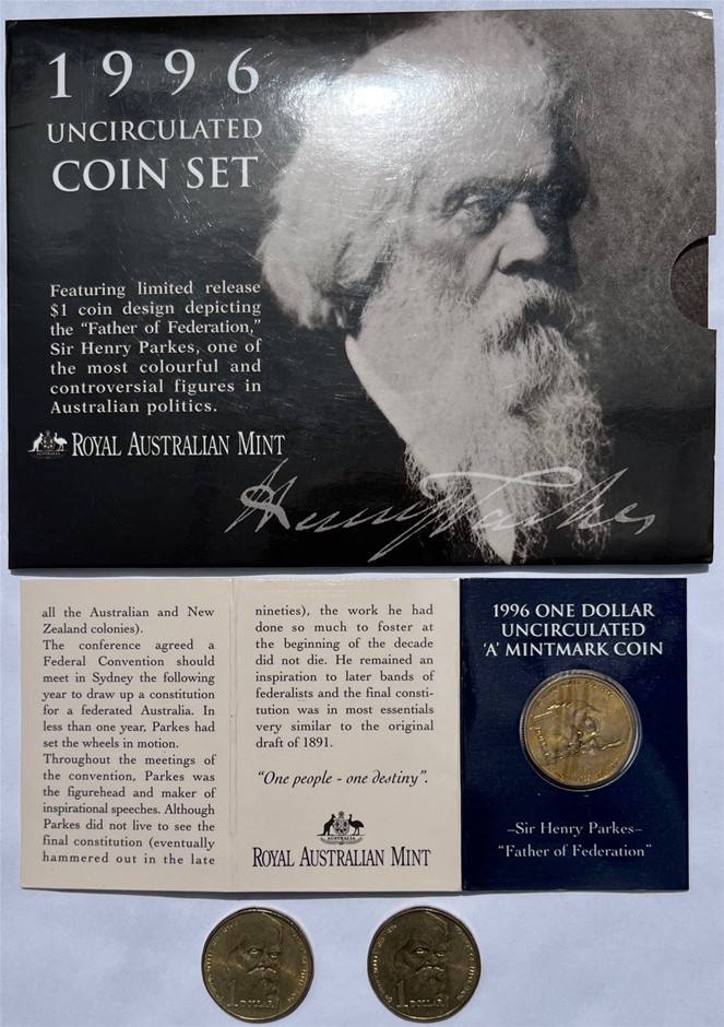 Sir Henry Parkes 1996: UNC 6 Coin Set, $1 ‘A’ Mintmark 2 x circulated ...