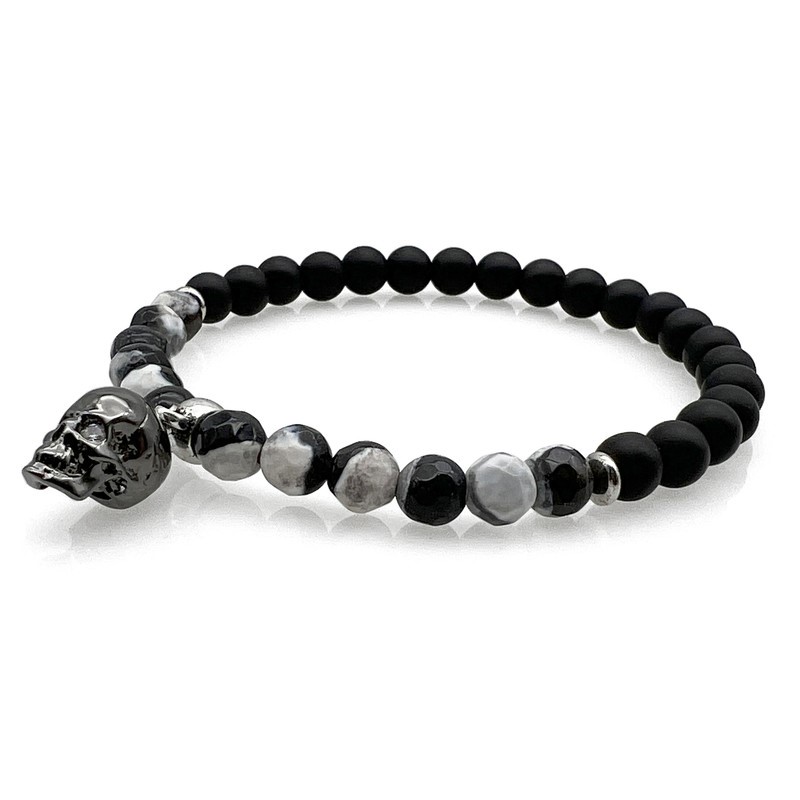 Men's Australian Made 6mm Fire Agate & Black Stone Skull Charm Bracelet ...