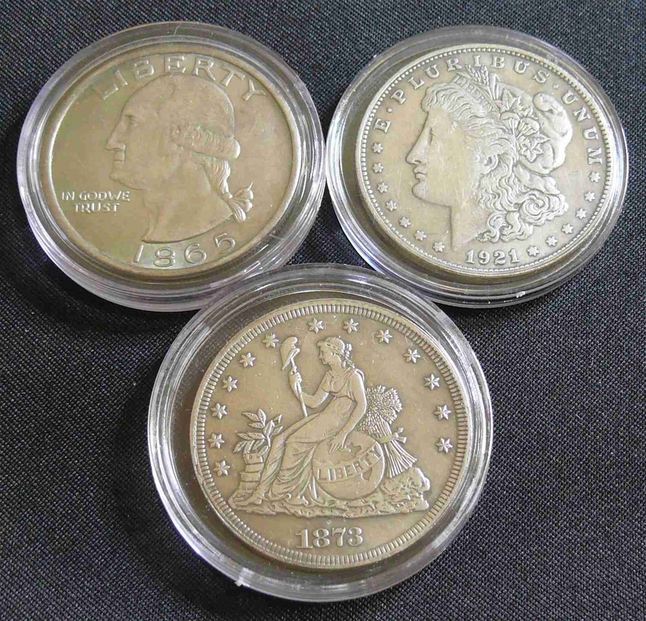 3x Reproduction American Coins (1865, 1873 and 1921). Auction (0046 ...