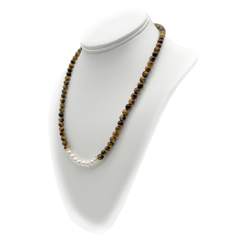 Natural 7-8mm Freshwater Pearl & Tiger Eye with Real 18k Gold Plated ...