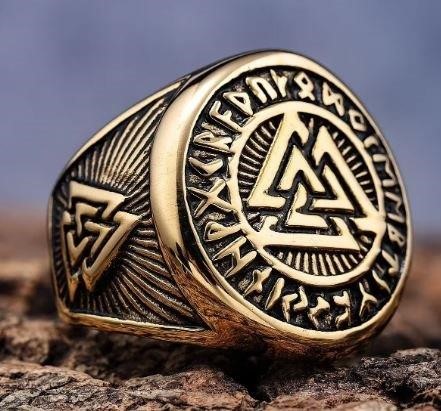 two-Tone Valknut Runes Circle Ring in 18kt triple yellow Gold Finish ...