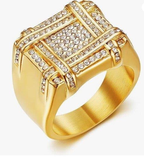 Rectangle Bling Ring in 18K Triple Yellow Gold w/ Cross Pattern Auction ...