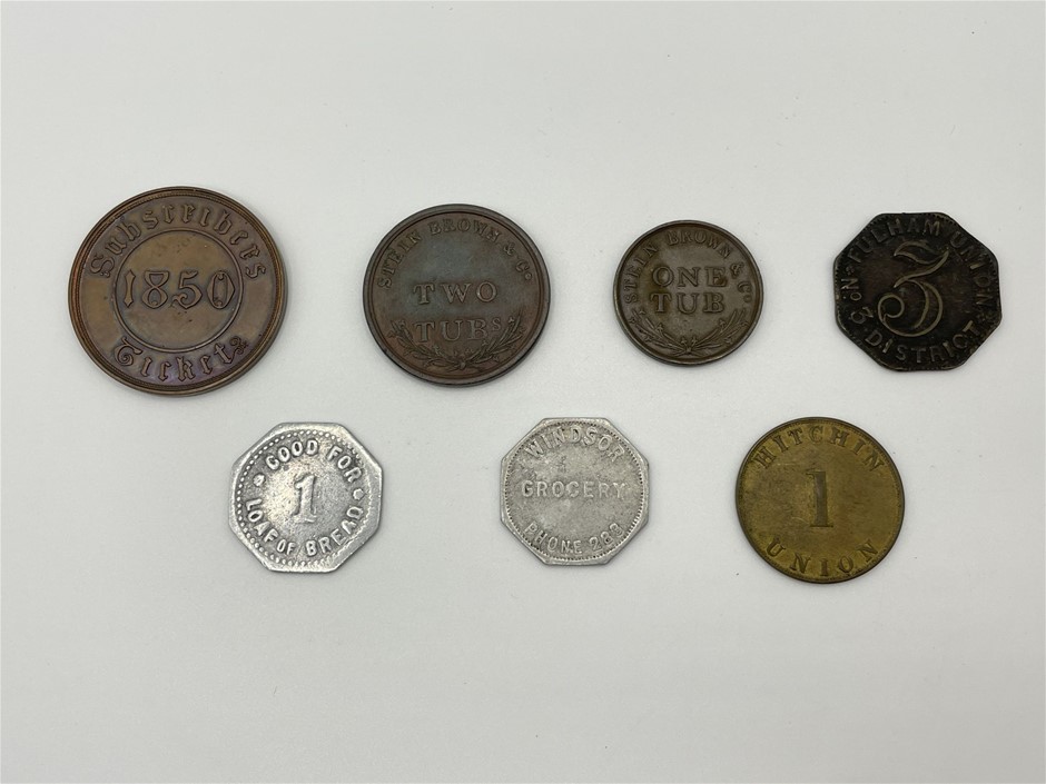 7 x Asstd. world tokens incl. 1850 Corn Exchange Subs Ticket bronze ...