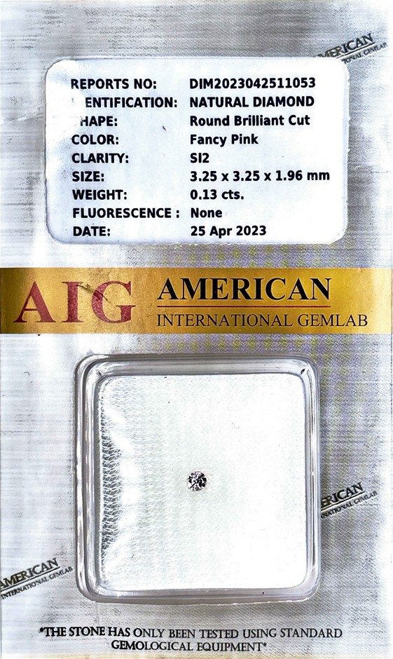 0.13ct One Stone Natural Fancy Pink Diamond Round With AIG Cert. Sealed ...