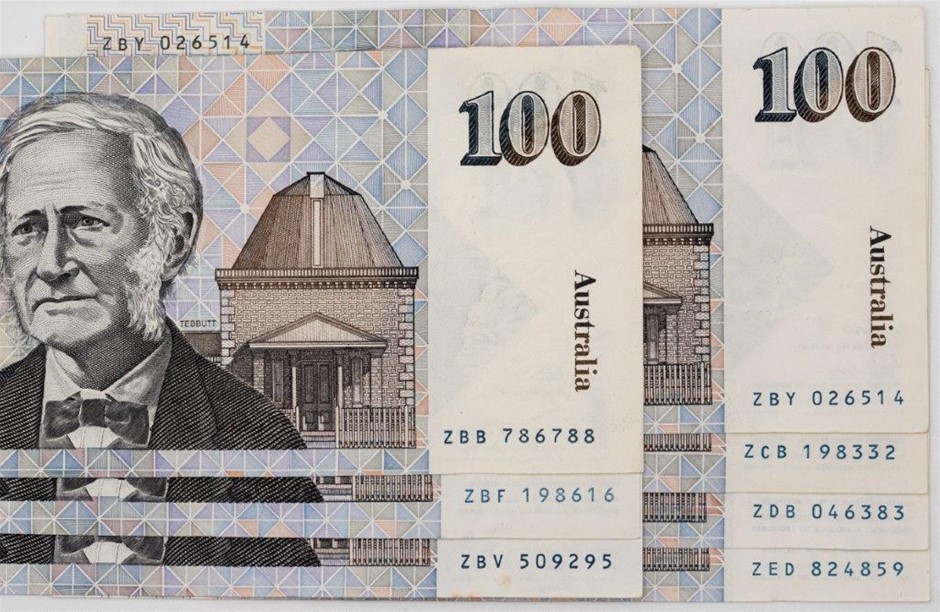 7 x 1984-1989 Australian $100 paper note bills w/ obverse, Stone ...