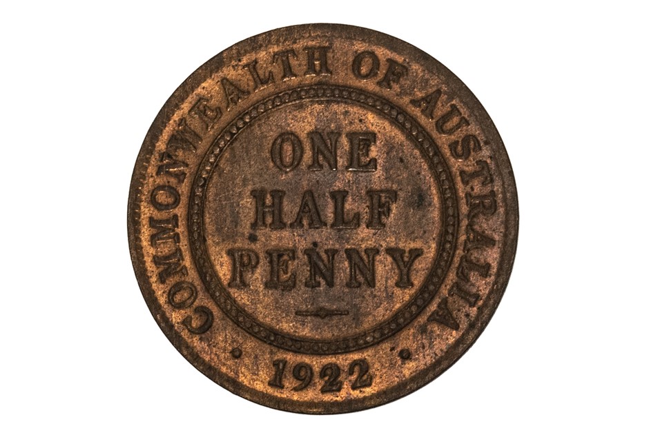 1922 Australian 'One Half Penny' bronze coin w/ obverse side George V ...
