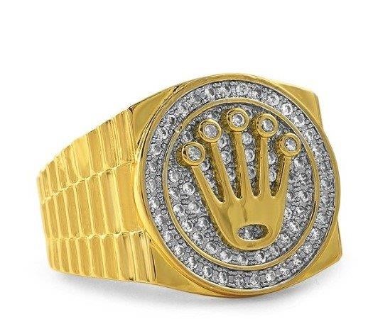 18K Triple Yellow Gold Rolex Symbol Ring with Simulated Diamonds ...