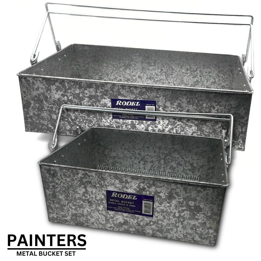 (2 Bucket Set) Double Handle small and large galvanised metal paint ...