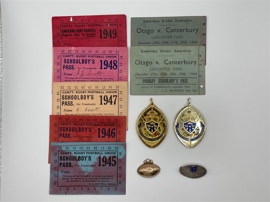 11 x N.Z. Rugby Football fob medals/pass incl. 1 x S.C.R.F.U. 9Ct C ...