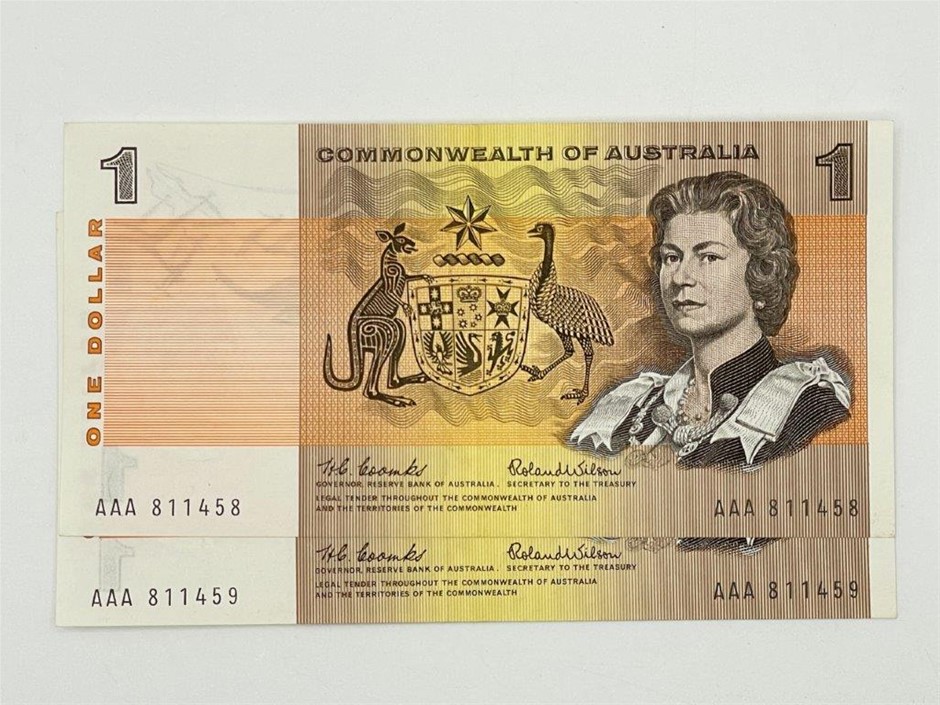 2 x $1 Coombs & Wilson 1st Prefix sequential paper banknotes C:1966-67 ...
