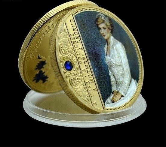 Princess Diana Gold Plated Coin w/ Blue Crystal Portraits Of A Medal ...