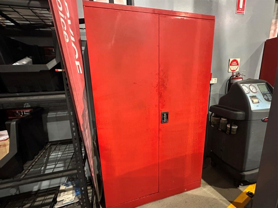 2 Door Red Metal Cabinet, lockable no keys Auction (0050-7058392 ...