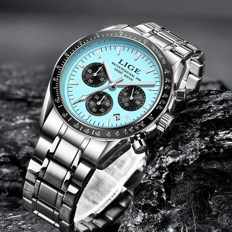LIGE Men’s SS Watch Quartz Chronograph Sport. Blue Auction (0002 ...
