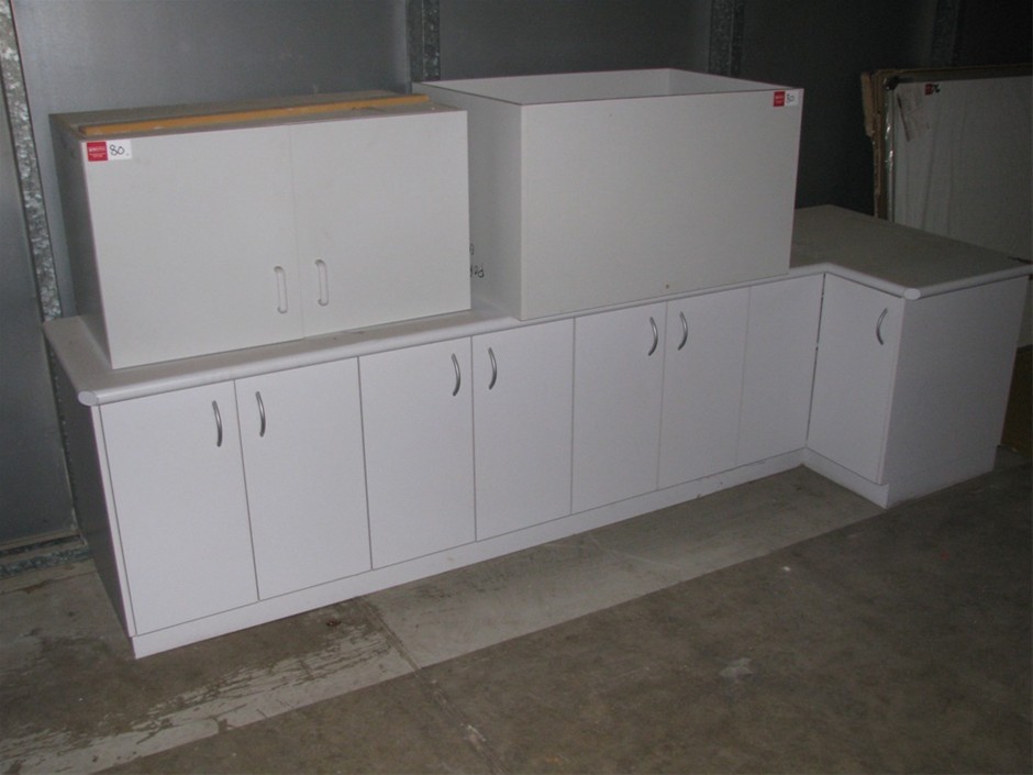 Office bench unit, L-shape, light grey laminated, rolled edge benchtop ...